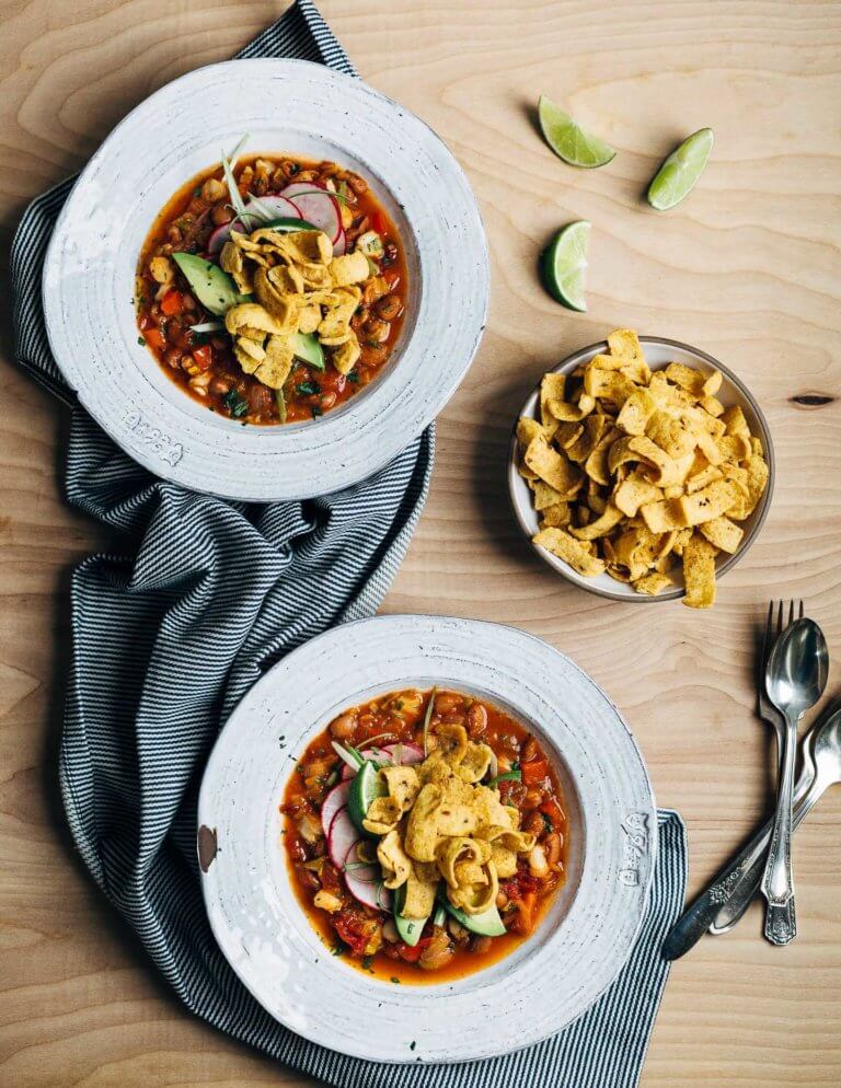 Loaded Vegan Pinto Bean Chili with Hominy and Leeks
